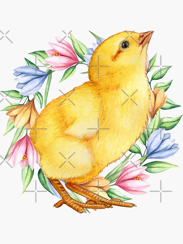 Pegatina «Lindo pollito amarillo en una corona azul y rosa: ilustración ...
