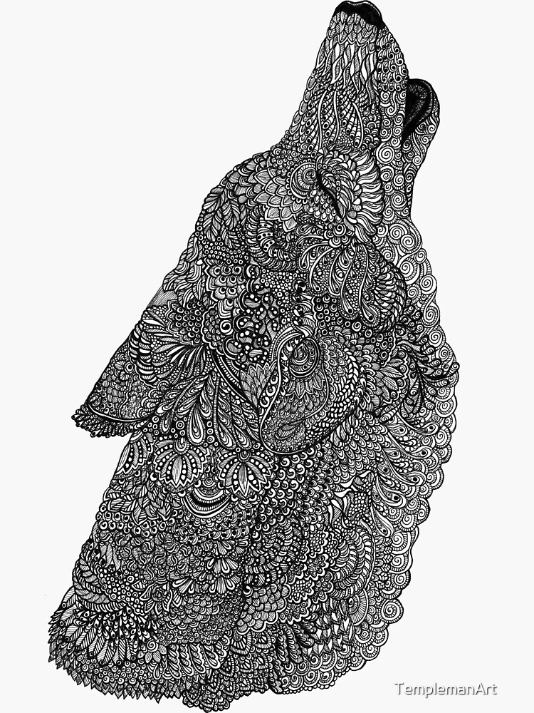 "Black and White Zentangle Howling Wolf" Sticker for Sale by ...