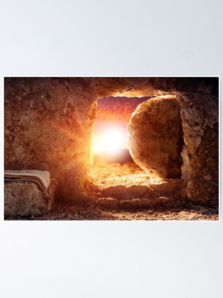 "Tomb Empty with shroud at sunrise Empty tomb of Jesus at sunrise with ...