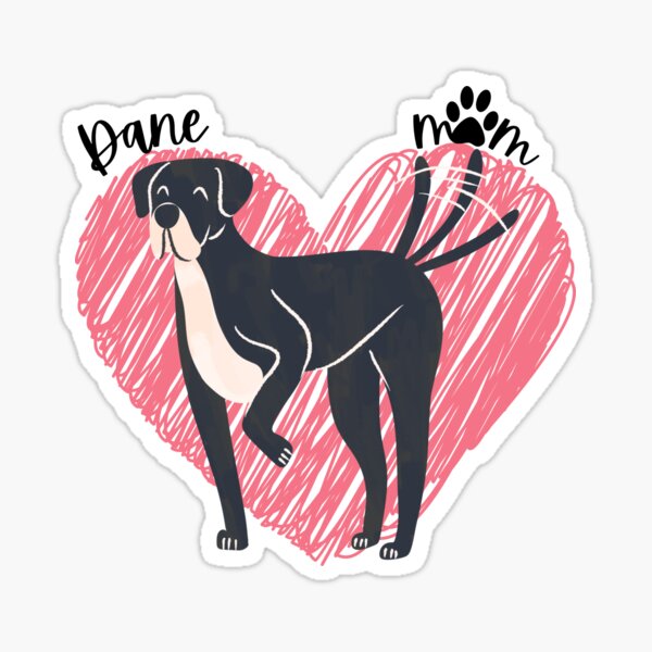 "Great Dane wagging his tail in front of a pink heart, cursive text ...