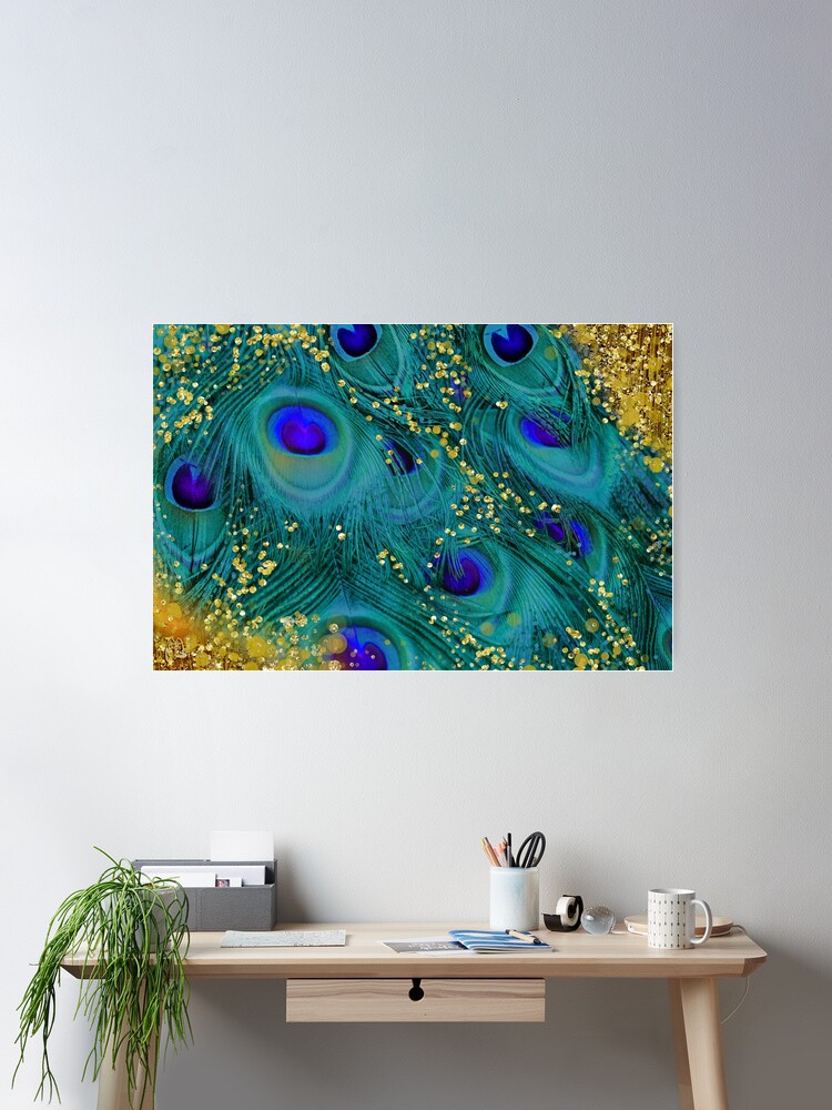 Dreamy Peacock Feathers Teal And Purple Glimmering Gold Poster For