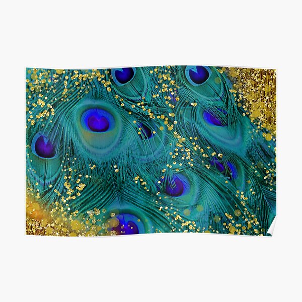 Dreamy Peacock Feathers Teal And Purple Glimmering Gold Poster By