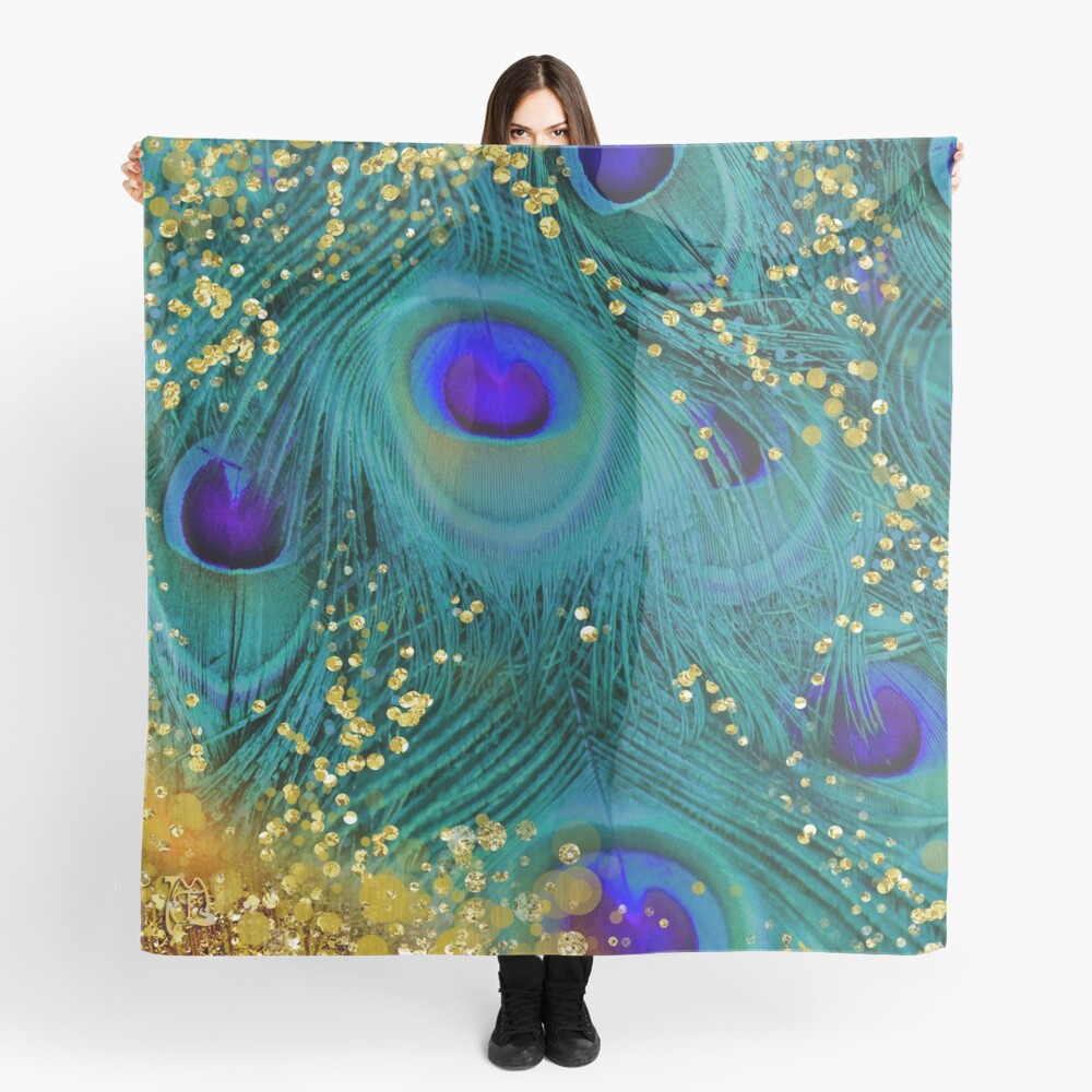 Dreamy Peacock Feathers Teal And Purple Glimmering Gold Scarf For