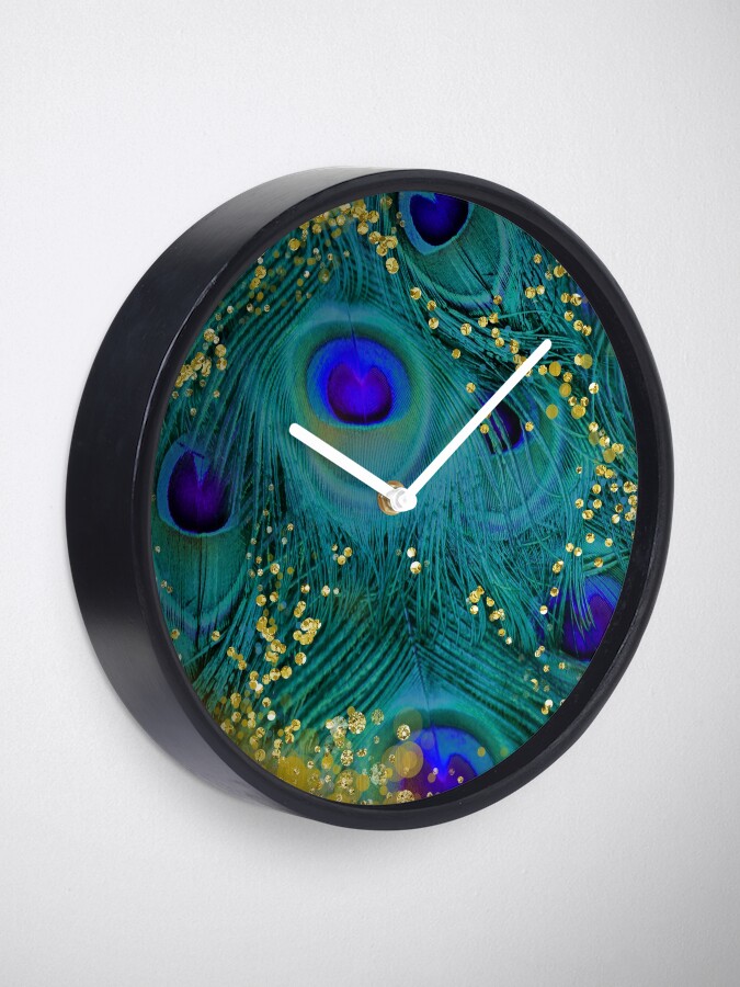 Dreamy Peacock Feathers Teal And Purple Glimmering Gold Clock For