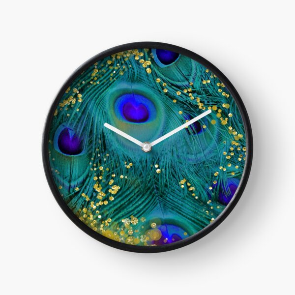 Dreamy Peacock Feathers Teal And Purple Glimmering Gold Clock For