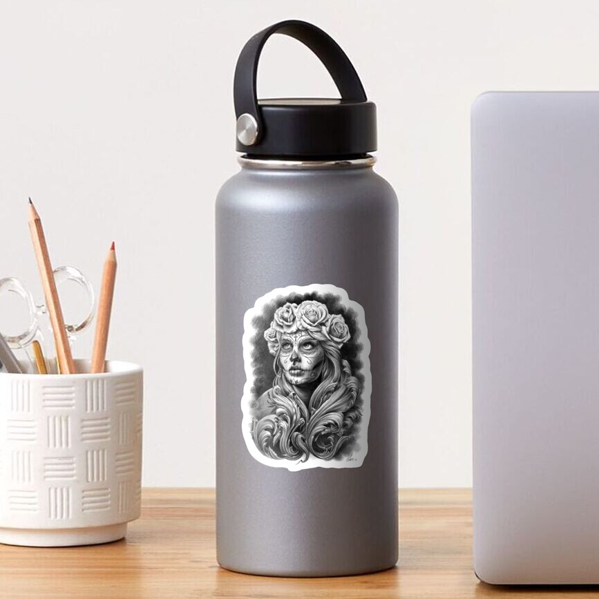 "Black and Grey Catrina with a crown of roses." Sticker for Sale by ...