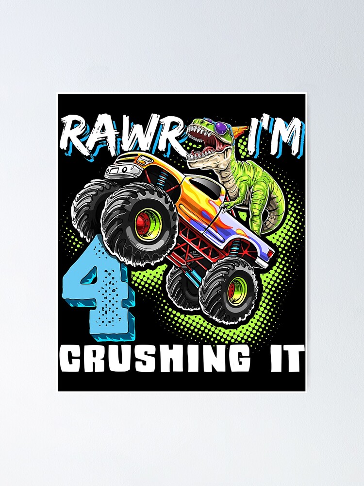"Rawr Im 4 Monster Truck Dinosaur 4th Birthday Party 4 Year Old Gifts ...