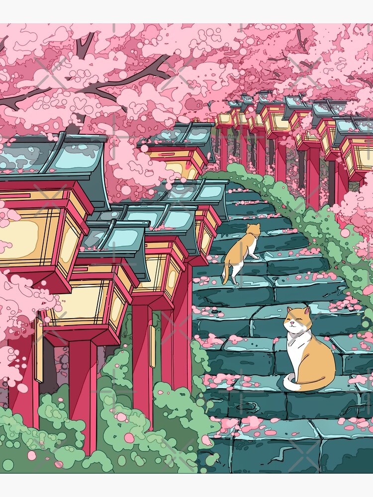"The Japanese shrine, cats and pink sakura blossom" Mounted Print for ...