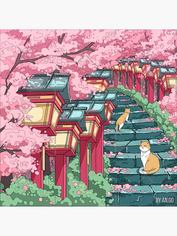 "The Japanese shrine, cats and pink sakura blossom" Poster for Sale by ...