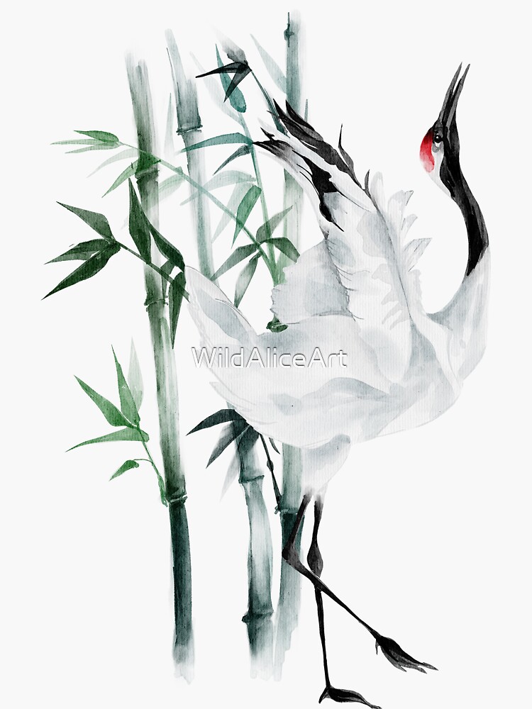 "Japanese Red Crowned Crane" Sticker by WildAliceArt | Redbubble