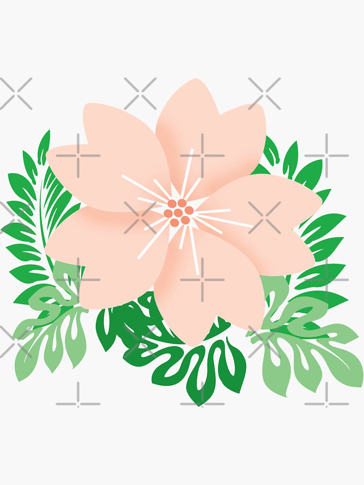 "Peach Pink Flower with Tropical Leaves (White Background)" Sticker for ...