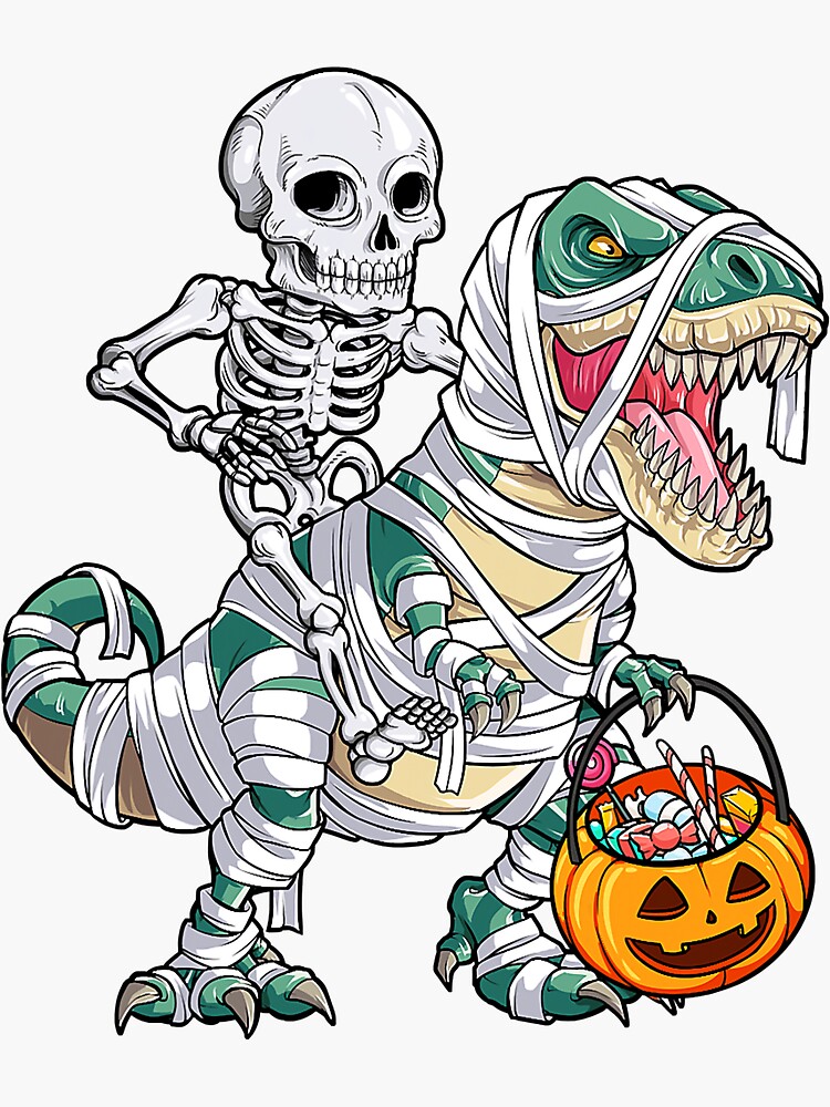 "Skeleton Riding Mummy Dinosaur T rex Halloween" Sticker for Sale by ...