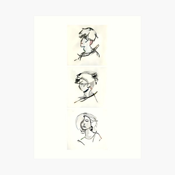 "Vertical Triptych Minimalist Line Drawing with a Splash of Watercolour ...