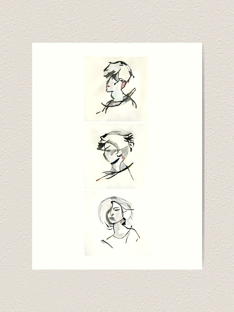 "Vertical Triptych Minimalist Line Drawing with a Splash of Watercolour" Art Print for Sale by ...