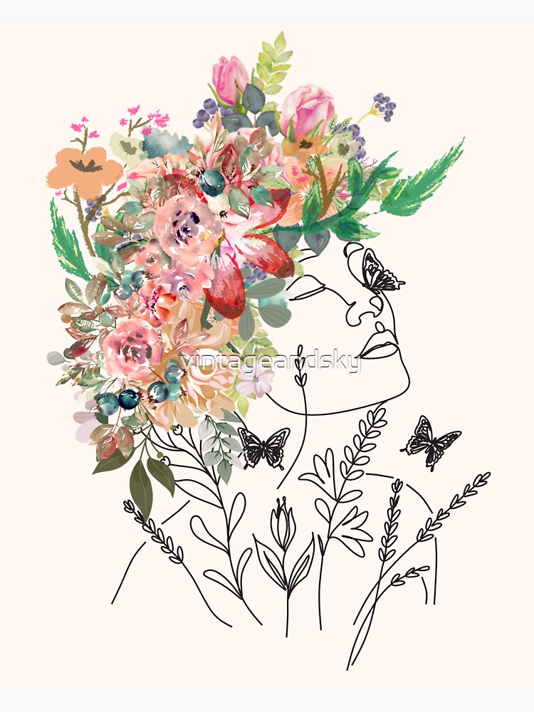 "Flower with woman. Minimalist print. One Line Flower Head. Flower Head ...