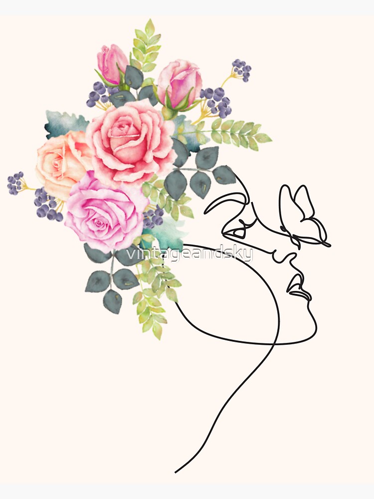 "Flower with woman. Minimalist print. One Line Flower Head. Flower Head ...