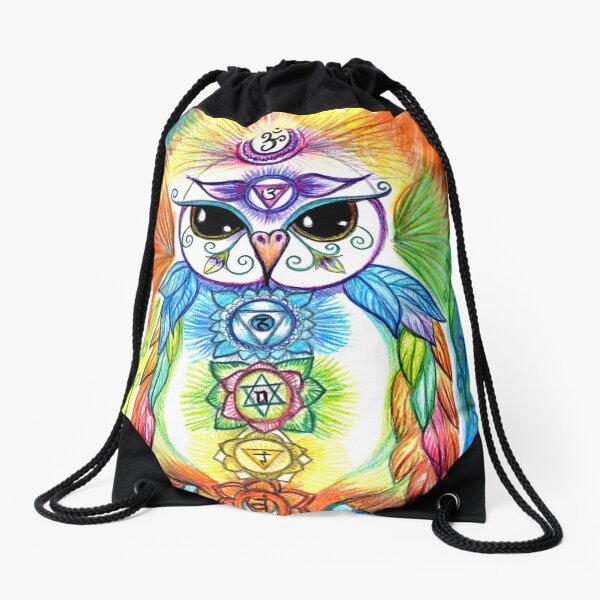 "Chakra Owl-Yoga Owl by Sheridon Rayment" Drawstring Bag for Sale by ...