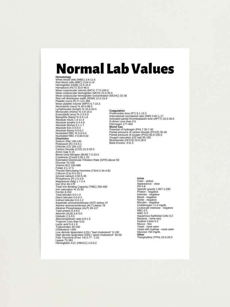 "Normal Lab Values Ranges Chart" Photographic Print for Sale by ...