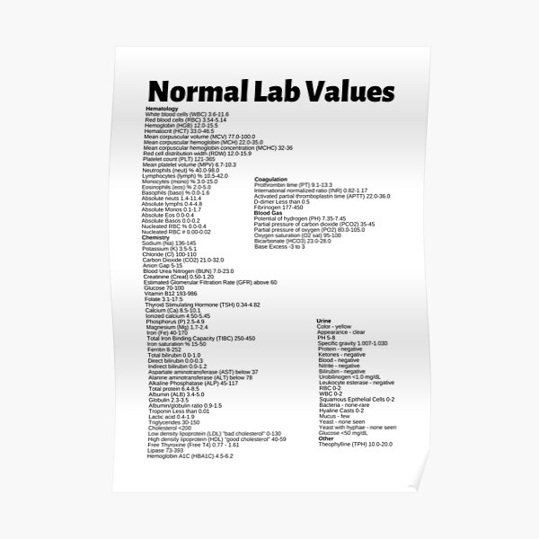 "Normal Lab Values Ranges Chart" Poster for Sale by Caregiverology ...