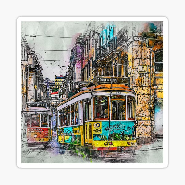 "Portugal City Trams Lisbon Street" Sticker by DigitalChickHub | Redbubble