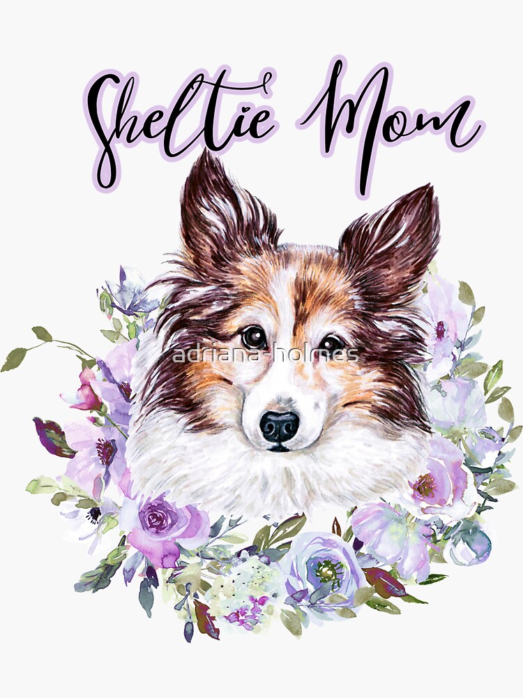 "Sheltie Mom Cute Sheltie with Purple Flower Wreath Illustration Art ...
