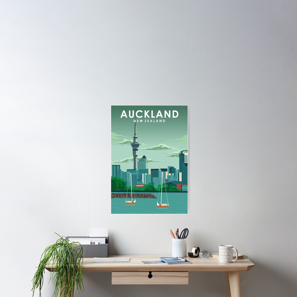 "Auckland New Zealand Vintage Minimal Retro Travel Poster" Poster by ...