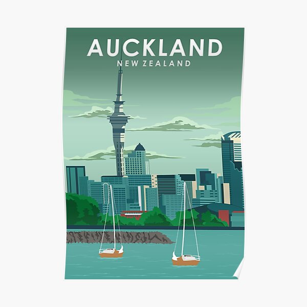 "Auckland New Zealand Vintage Minimal Retro Travel Poster" Poster by ...