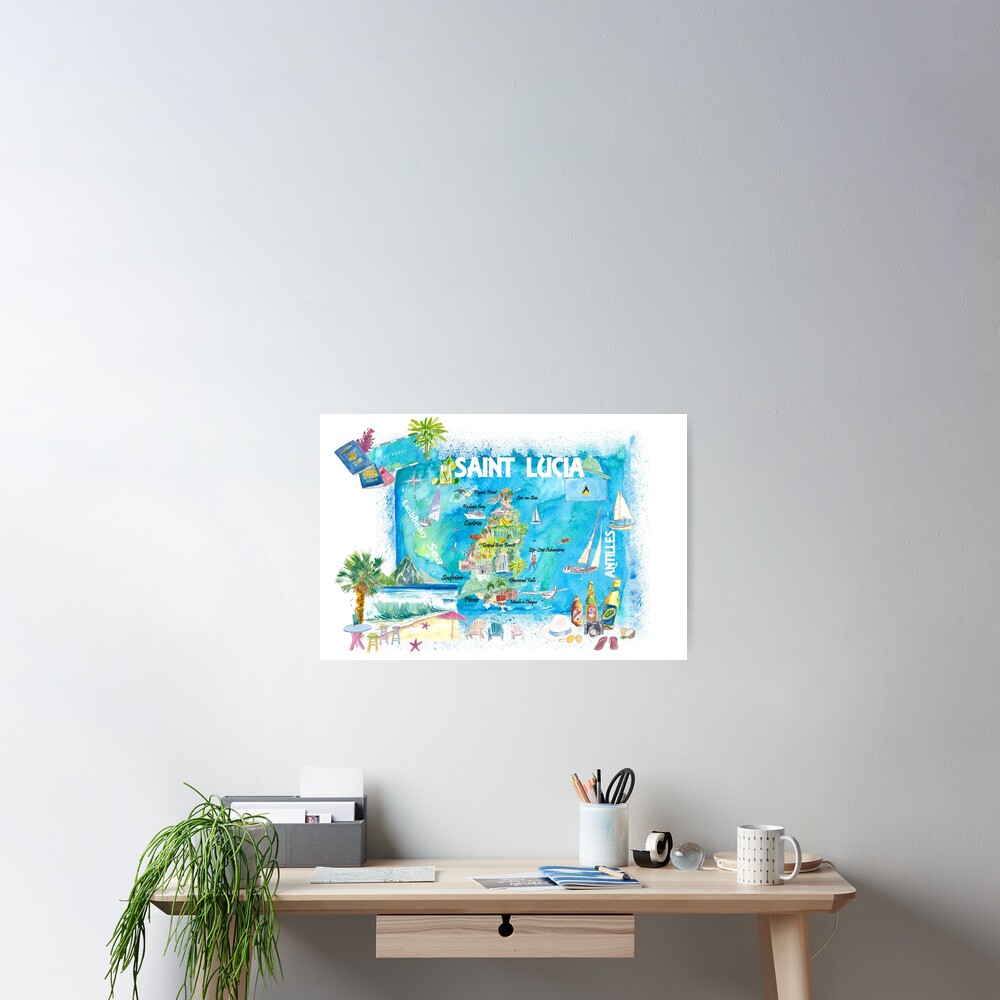 "Saint Lucia West Indies Illustrated Map with Antilles Tourist ...