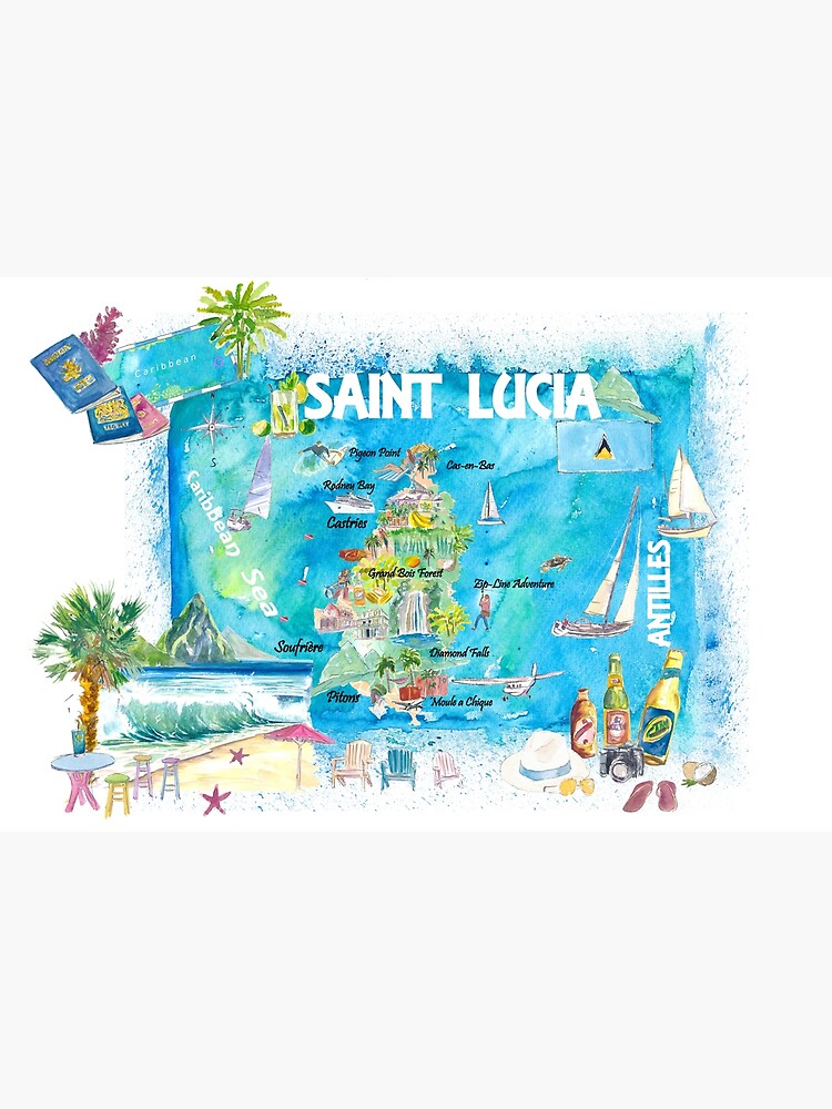 "Saint Lucia West Indies Illustrated Map with Antilles Tourist ...