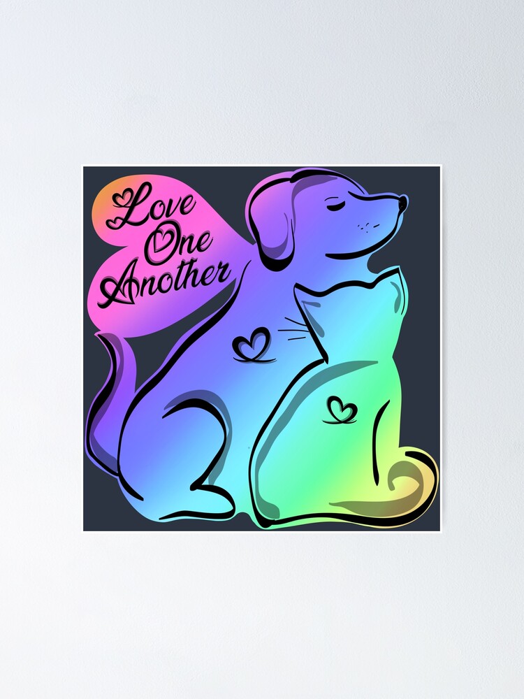Poster « Croquis de contour de chat et de chien Love One Another avec ...