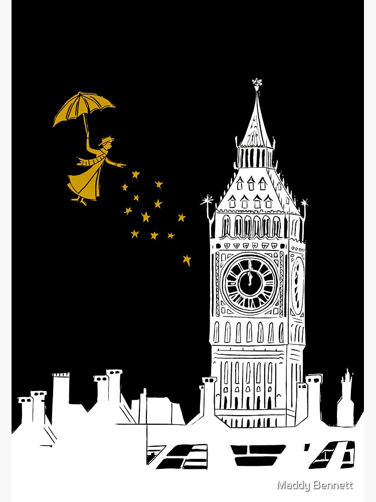 Mary Poppins And Big Ben Linocut Print In White Black And Gold Sticker By Maddybennettart
