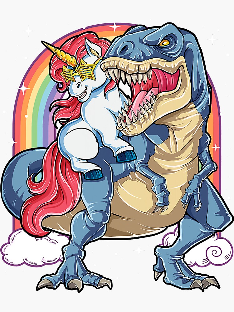 "Unicorn Riding Dinosaur T rex Boys Girls Kids Rainbow" Sticker for ...
