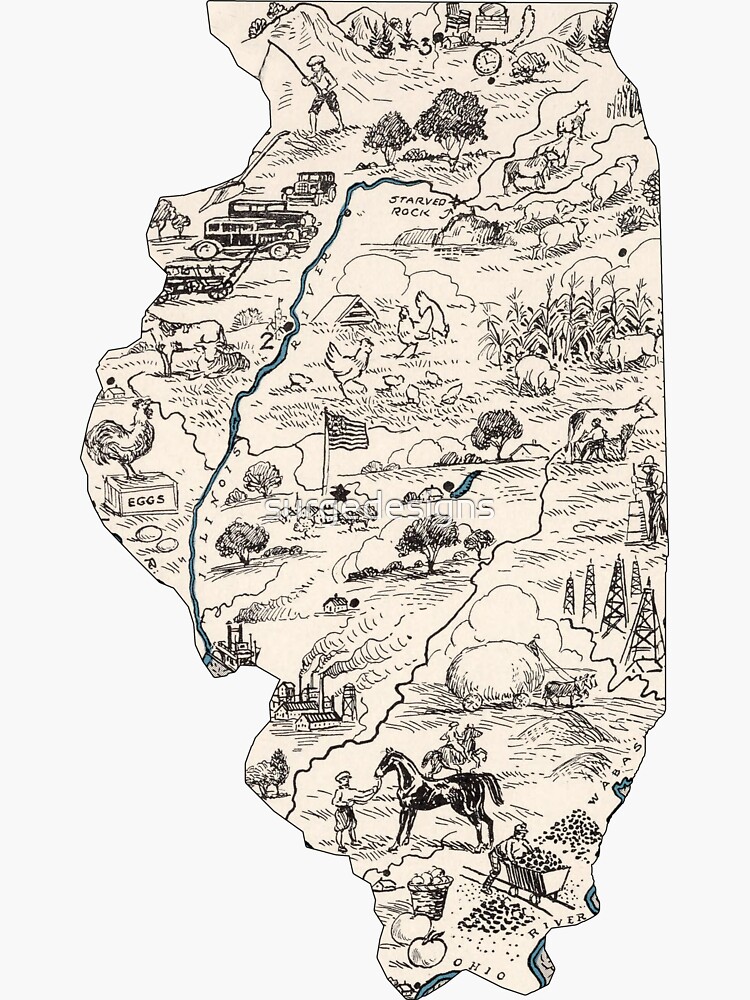 "Illinois Vintage Picture Map" Sticker for Sale by surgedesigns | Redbubble