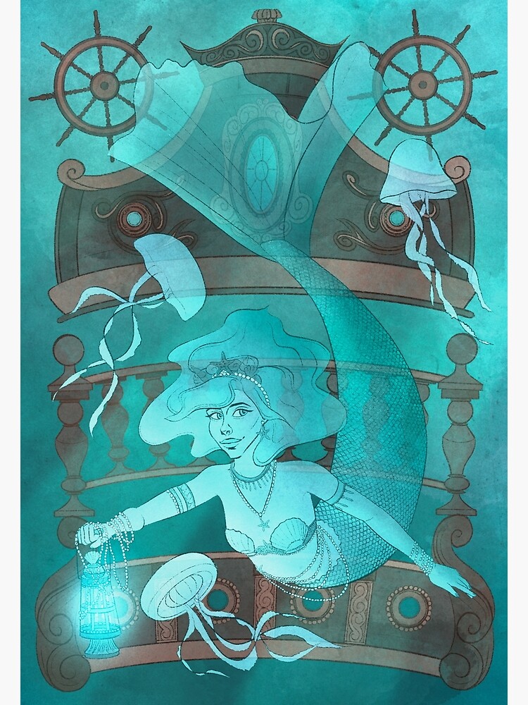 "Art Nouveau Ghost Mermaid with Pirate Ship and Jellyfish" Art Print ...
