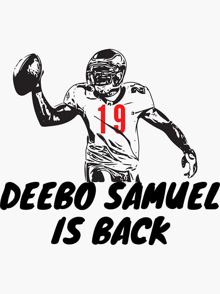 "deebo samuel is back - black and white " Sticker by MovieHub | Redbubble