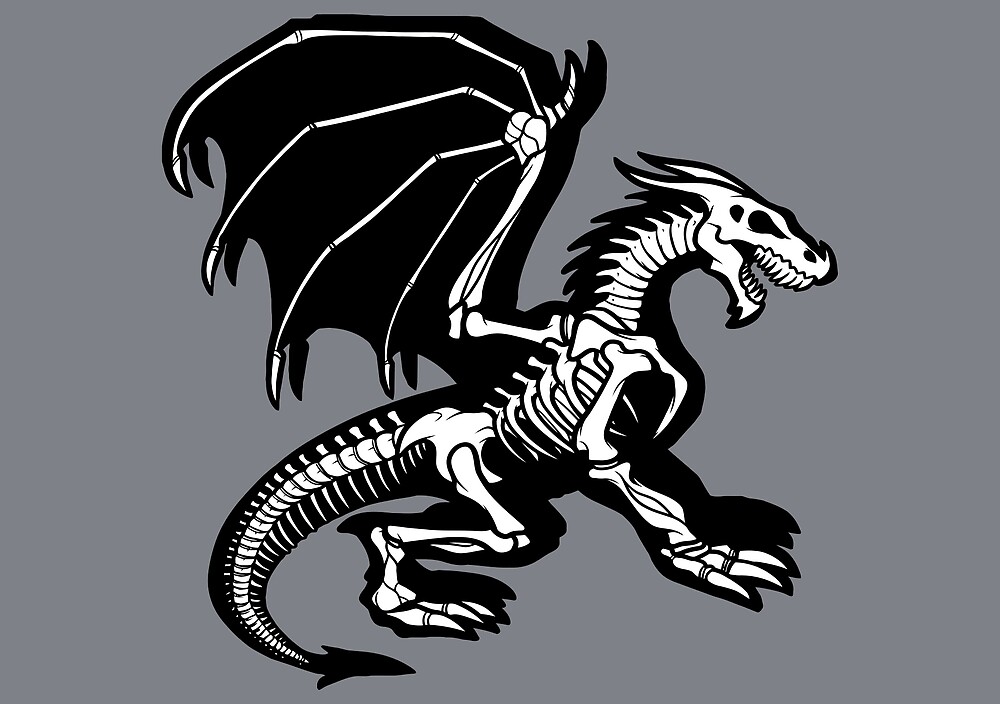 "Grey Background Black Skeleton Dragon Design, Bag of Bones Dragon" by ...