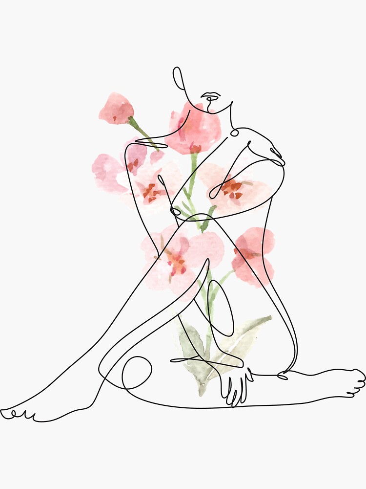 "One Line Art and Watercolor Flowers" Sticker by CosmicCave | Redbubble