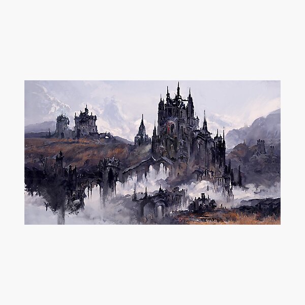 "A traditional impressionist style gothic castle in a dream-like cloudy ...