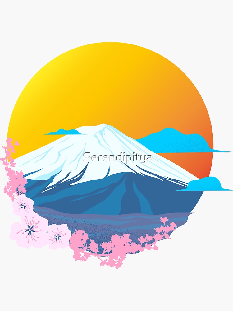 "Rising Sun behind Snowy Mountain with Sakura Trees - Cherry Blossoms ...