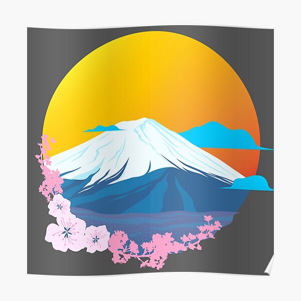 Póster «Sol naciente detrás de la montaña nevada con árboles de sakura ...