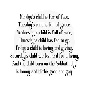 " Monday's Child Poem - Traditional Children's Rhyme" Sticker for Sale ...