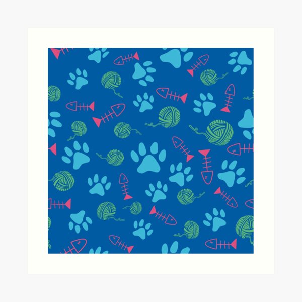 "Cat Paw Print, Fish Bones, Ball of Yarn Pattern - Blue Version" Art ...