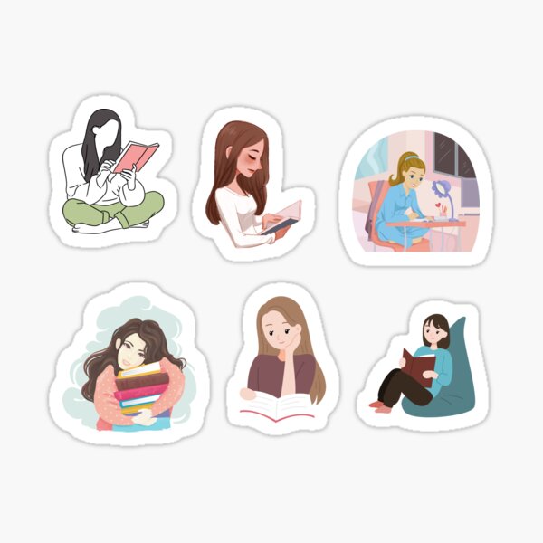 "Girl Reading book Stickers Collection" Sticker for Sale by glowing ...
