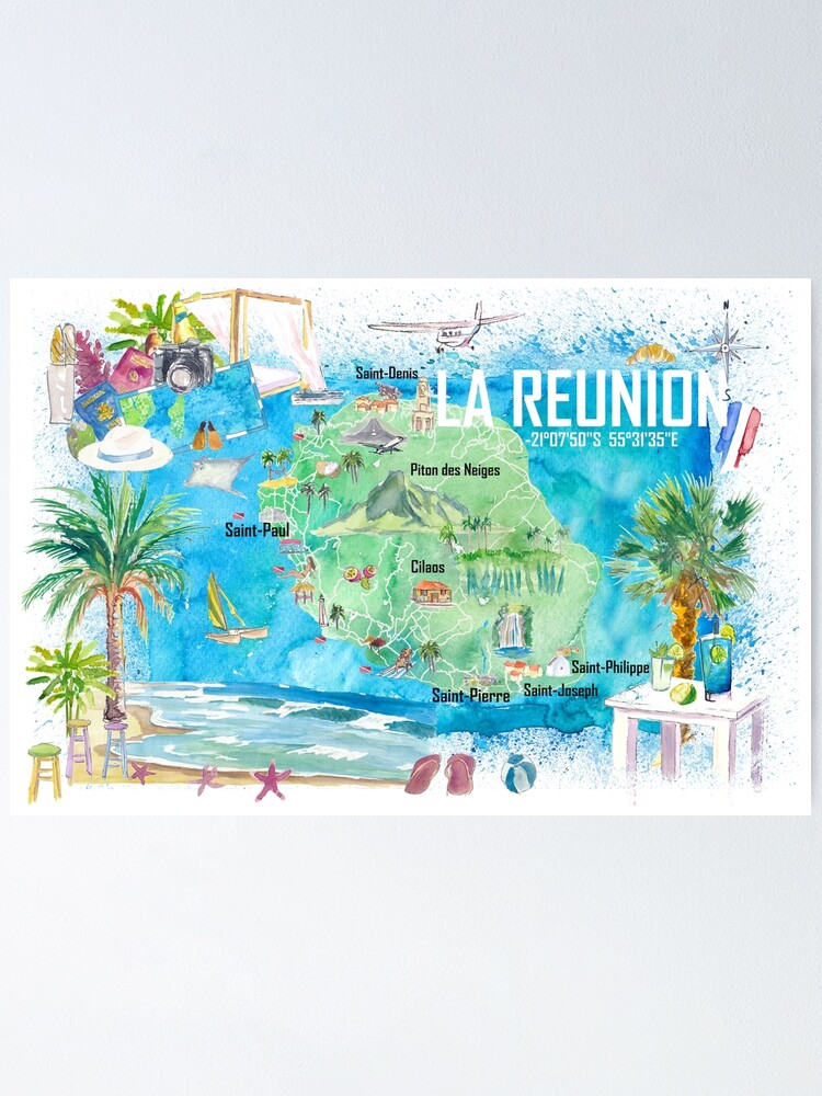 Poster « Carte de voyage illustrée de l'île de La Réunion avec les ...
