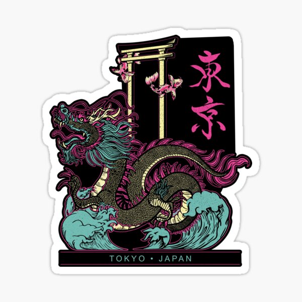 "Japanese Tokyo Dragon Asian inspired Neon retro 80’s style" Sticker by ...