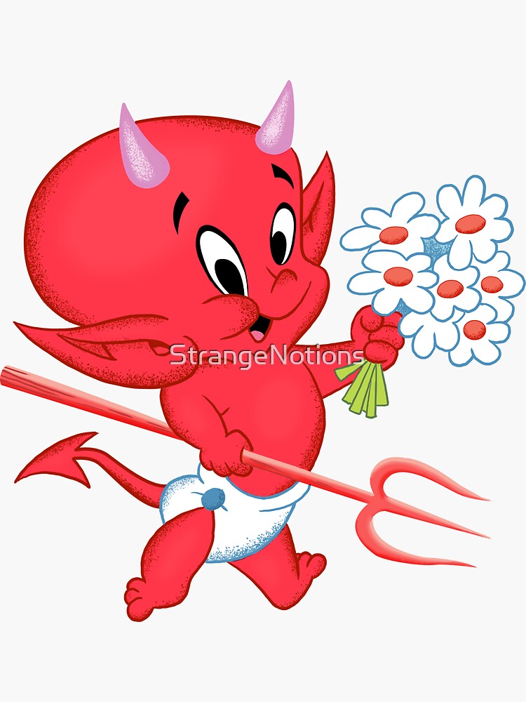 "Hot Stuff the Happy Little Devil with Bouquet of Daisies" Sticker by ...