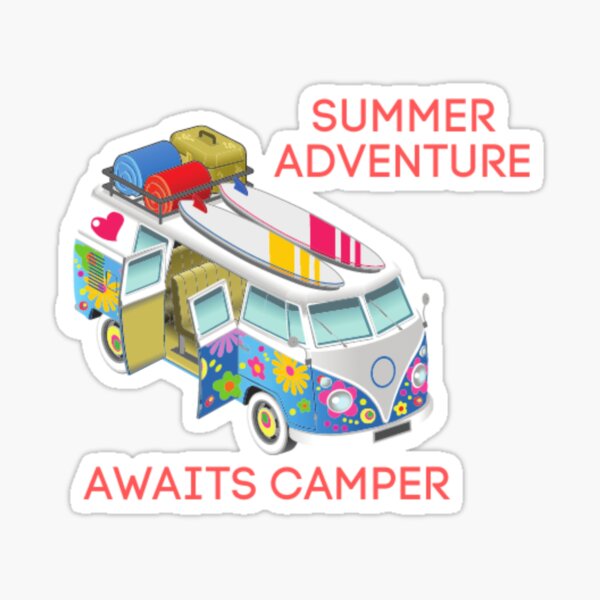 "SUMMER ADVENTURE AWAITS CAMPER" Sticker by anitrydesigns | Redbubble