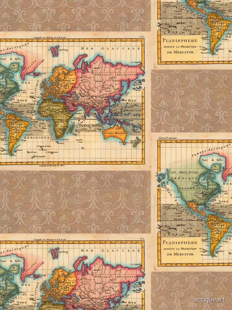 "World Map 1700s Antique Vintage Hemisphere Continents Geography ...
