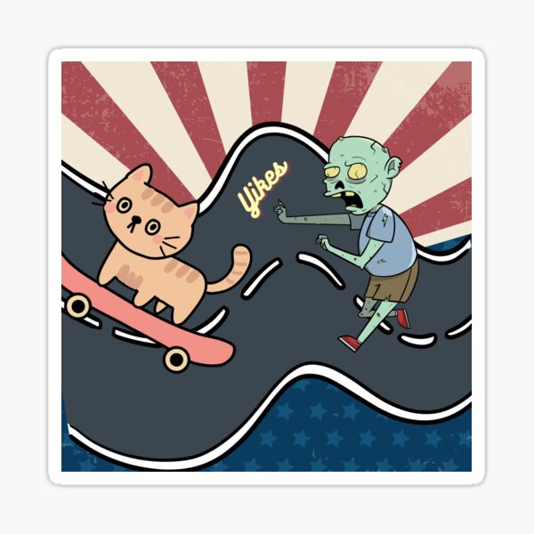 "Cat riding a skateboard getting chased by a monster... Yikes!" Sticker ...
