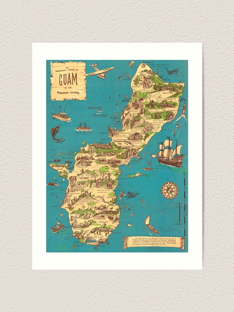 Vintage Guam Island 1958 Picture Map Of The Marianas Islands Art